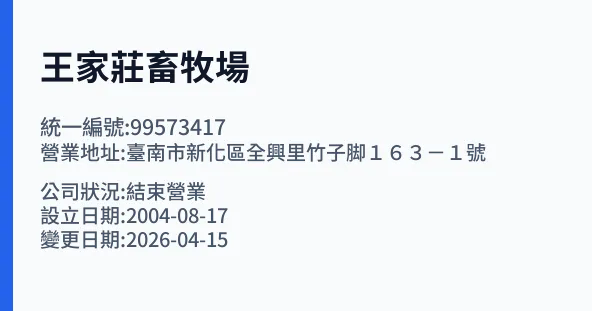 王家莊畜牧場的照片-統編 99573417(臺南市) 公司登記資料與營業項目詳細圖表
