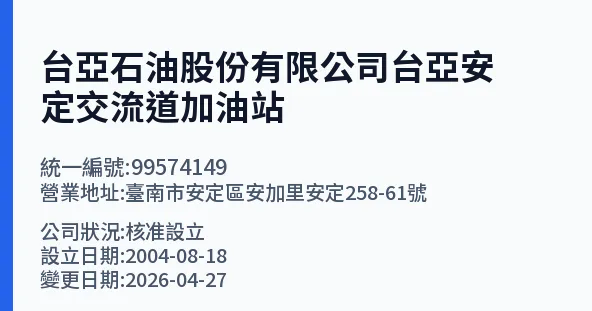 台亞石油股份有限公司台亞安定交流道加油站的照片-統編 99574149(臺南市) 公司登記資料與營業項目詳細圖表