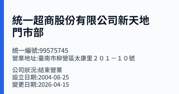 統一超商股份有限公司新天地門市部的照片-統編 99575745(臺南市) 公司登記資料與營業項目詳細圖表