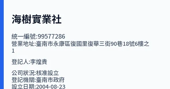 海樹實業社的照片-統編 99577286(臺南市) 公司登記資料與營業項目詳細圖表
