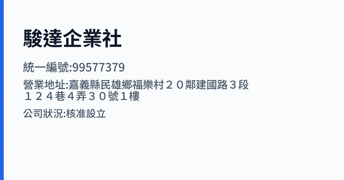 駿達企業社 - 統編 99577379(嘉義縣) 公司登記資料與營業項目詳細圖表