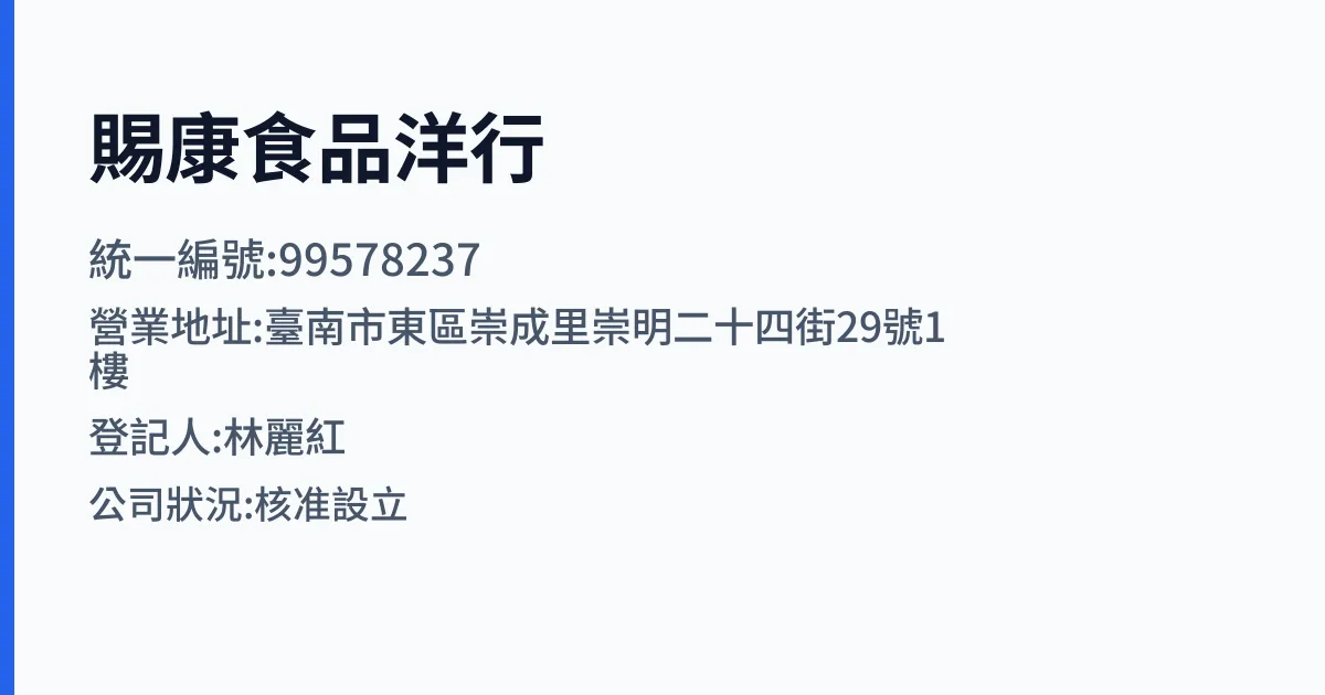 賜康食品洋行 - 統編 99578237(臺南市) 公司登記資料與營業項目詳細圖表