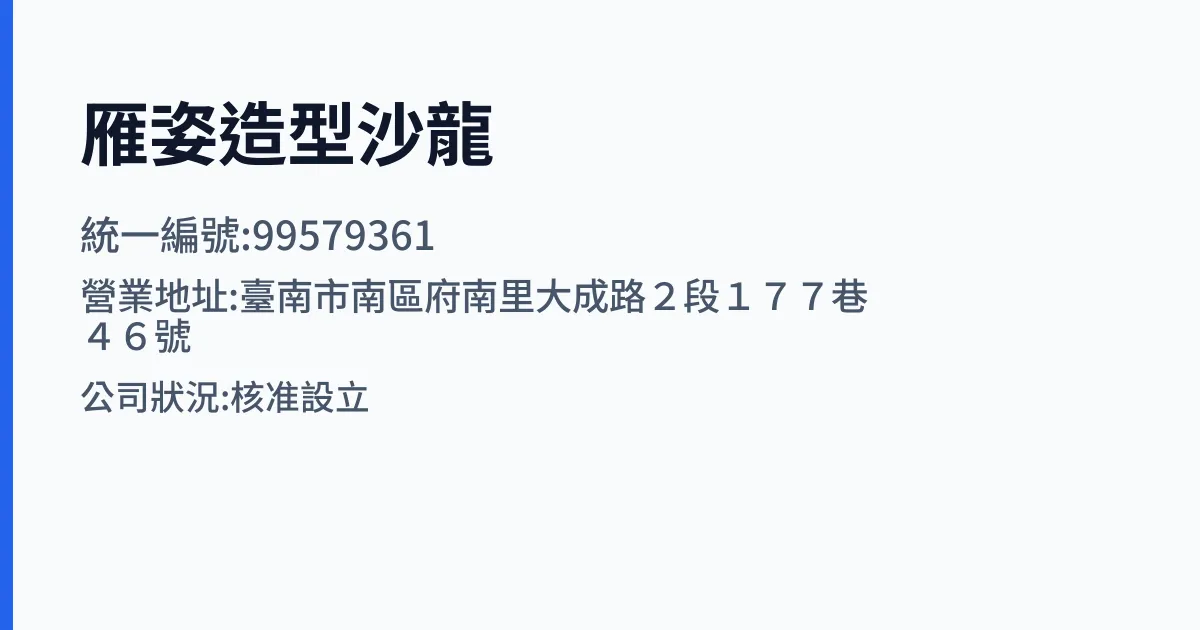 雁姿造型沙龍 - 統編 99579361(臺南市) 公司登記資料與營業項目詳細圖表