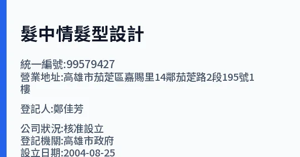 髮中情髮型設計的照片-統編 99579427(高雄市) 公司登記資料與營業項目詳細圖表