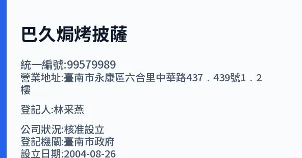 巴久焗烤披薩的照片-統編 99579989(臺南市) 公司登記資料與營業項目詳細圖表