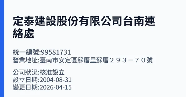 定泰建設股份有限公司台南連絡處的照片-統編 99581731(臺南市) 公司登記資料與營業項目詳細圖表