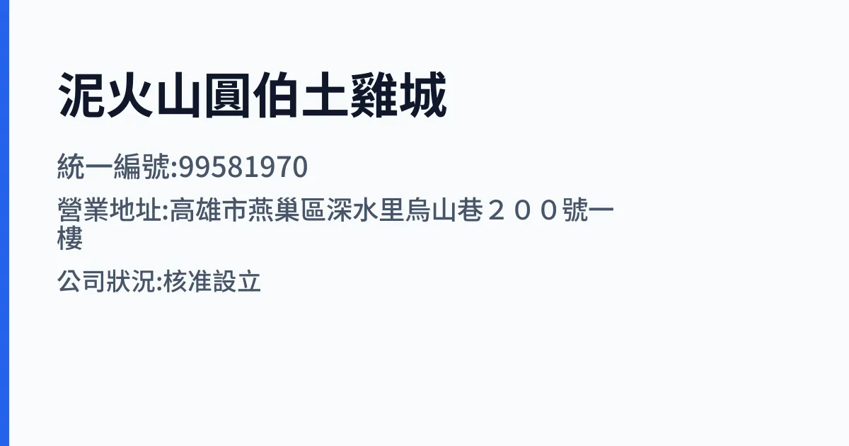 泥火山圓伯土雞城 - 統編 99581970(高雄市) 公司登記資料與營業項目詳細圖表