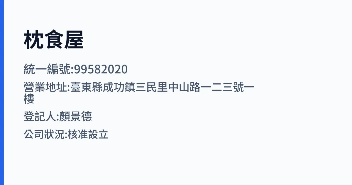 枕食屋 - 統編 99582020(臺東縣) 公司登記資料與營業項目詳細圖表