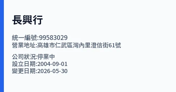長興行的照片-統編 99583029(高雄市) 公司登記資料與營業項目詳細圖表