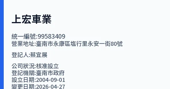 上宏車業的照片-統編 99583409(臺南市) 公司登記資料與營業項目詳細圖表