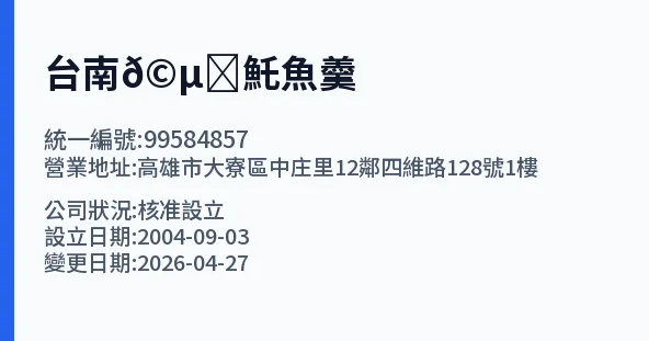 台南𩵚魠魚羹的照片-統編 99584857(高雄市) 公司登記資料與營業項目詳細圖表