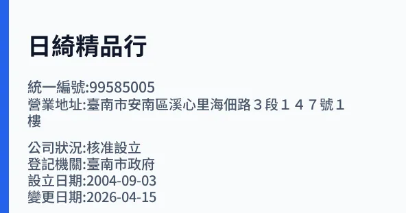 日綺精品行的照片-統編 99585005(臺南市) 公司登記資料與營業項目詳細圖表
