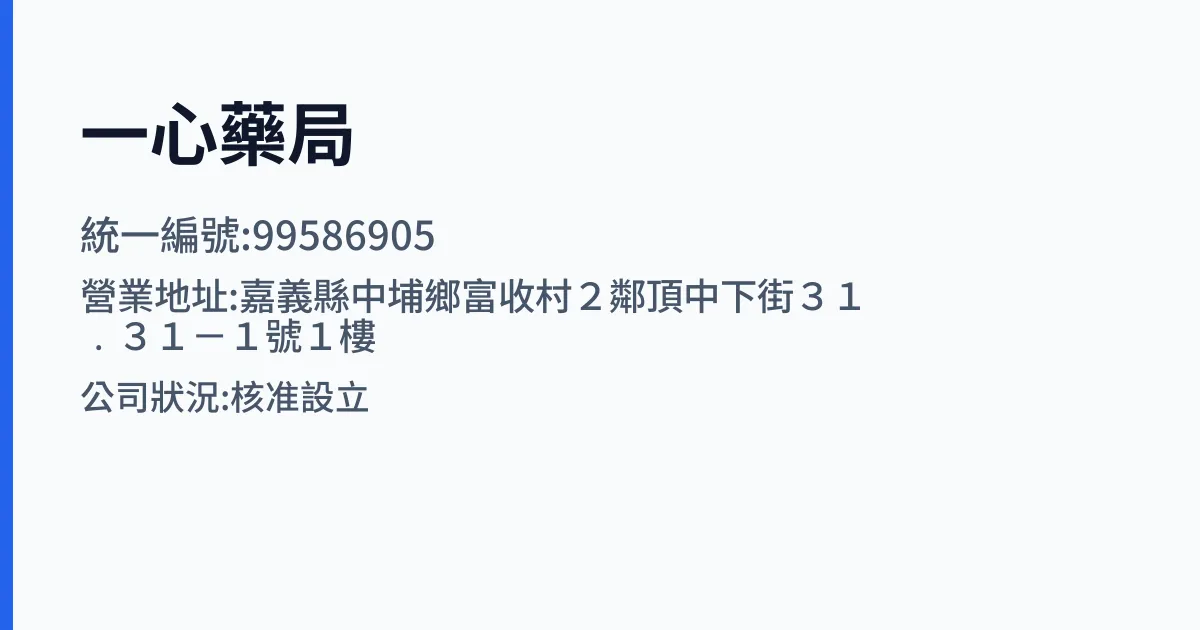 一心藥局 - 統編 99586905(嘉義縣) 公司登記資料與營業項目詳細圖表