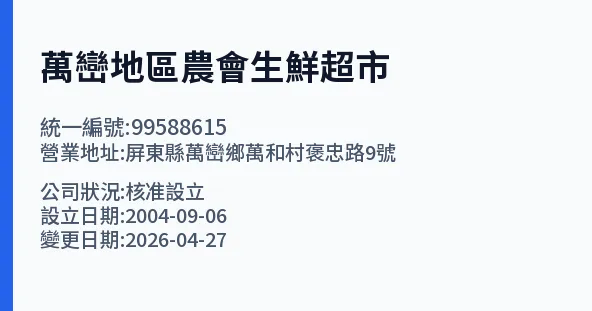 萬巒地區農會生鮮超市的照片-統編 99588615(屏東縣) 公司登記資料與營業項目詳細圖表