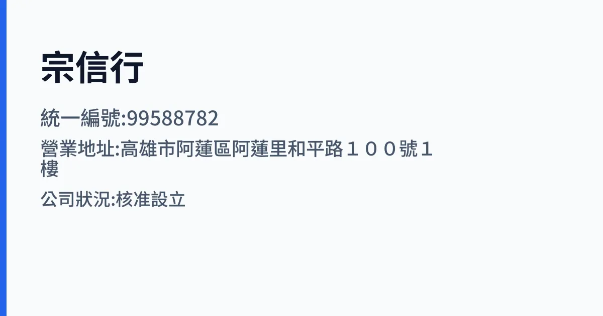 宗信行 - 統編 99588782(高雄市) 公司登記資料與營業項目詳細圖表