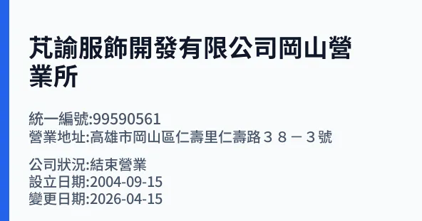 芃諭服飾開發有限公司岡山營業所的照片-統編 99590561(高雄市) 公司登記資料與營業項目詳細圖表