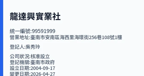 龍達興實業社的照片-統編 99591999(臺南市) 公司登記資料與營業項目詳細圖表