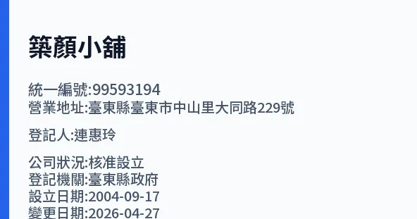 築顏小舖的照片-統編 99593194(臺東縣) 公司登記資料與營業項目詳細圖表