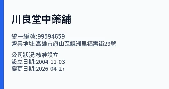 川良堂中藥舖的照片-統編 99594659(高雄市) 公司登記資料與營業項目詳細圖表