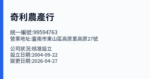 奇利農產行的照片-統編 99594763(臺南市) 公司登記資料與營業項目詳細圖表