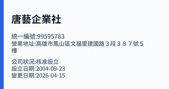 唐藝企業社的照片-統編 99595783(高雄市) 公司登記資料與營業項目詳細圖表