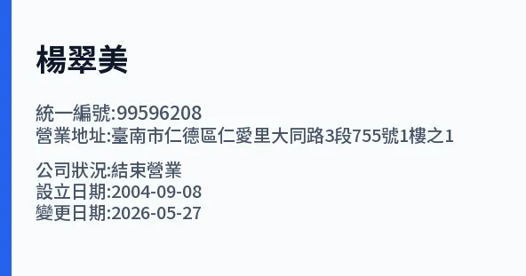 楊翠美的照片-統編 99596208(臺南市) 公司登記資料與營業項目詳細圖表