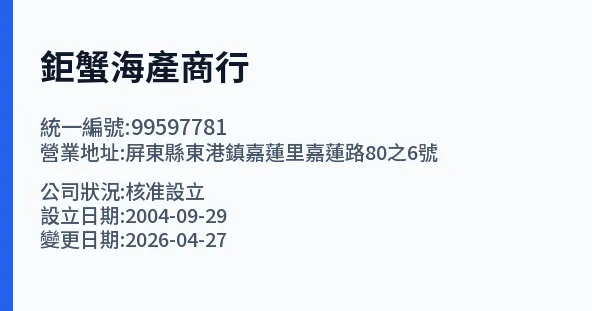 鉅蟹海產商行的照片-統編 99597781(屏東縣) 公司登記資料與營業項目詳細圖表