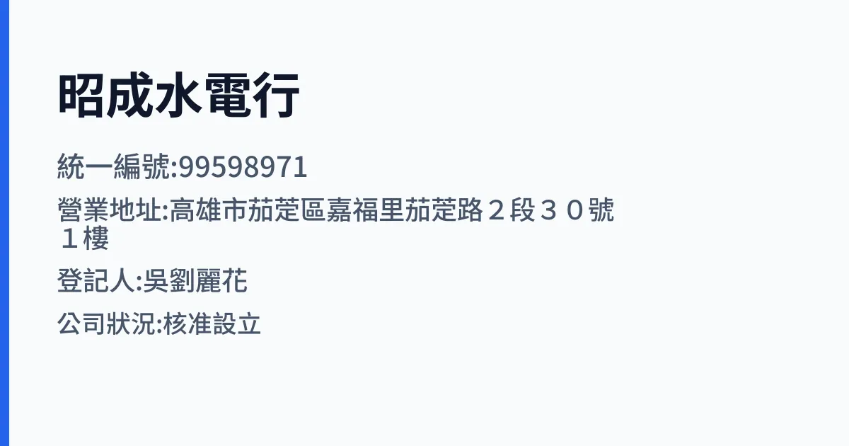 昭成水電行 - 統編 99598971(高雄市) 公司登記資料與營業項目詳細圖表
