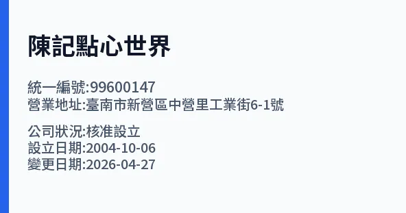 陳記點心世界的照片-統編 99600147(臺南市) 公司登記資料與營業項目詳細圖表