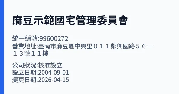 麻豆示範國宅管理委員會的照片-統編 99600272(臺南市) 公司登記資料與營業項目詳細圖表