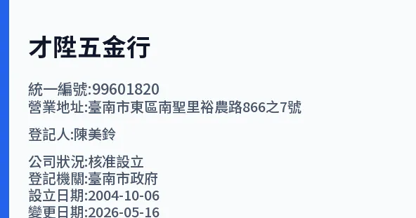 才陞五金行的照片-統編 99601820(臺南市) 公司登記資料與營業項目詳細圖表