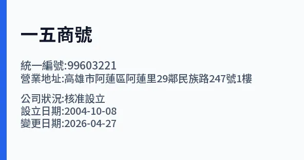 一五商號的照片-統編 99603221(高雄市) 公司登記資料與營業項目詳細圖表