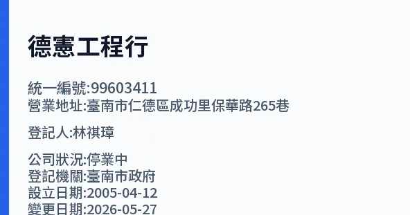 德憲工程行的照片-統編 99603411(臺南市) 公司登記資料與營業項目詳細圖表