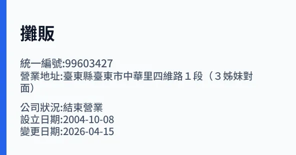 攤販的照片-統編 99603427(臺東縣) 公司登記資料與營業項目詳細圖表
