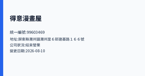 得意漫畫屋的照片-統編 99603469(屏東縣) 公司登記資料與營業項目詳細圖表