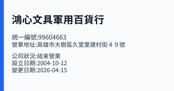 鴻心文具軍用百貨行的照片-統編 99604663(高雄市) 公司登記資料與營業項目詳細圖表