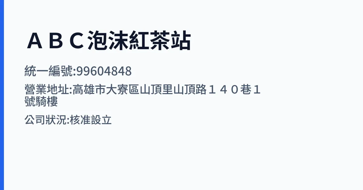 ABC泡沫紅茶站 - 統編 99604848(高雄市) 公司登記資料與營業項目詳細圖表