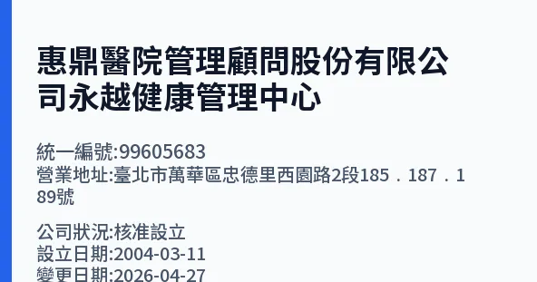 惠鼎醫院管理顧問股份有限公司永越健康管理中心的照片-統編 99605683(臺北市) 公司登記資料與營業項目詳細圖表
