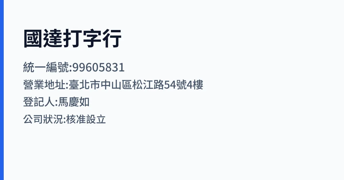 國達打字行 - 統編 99605831(臺北市) 公司登記資料與營業項目詳細圖表