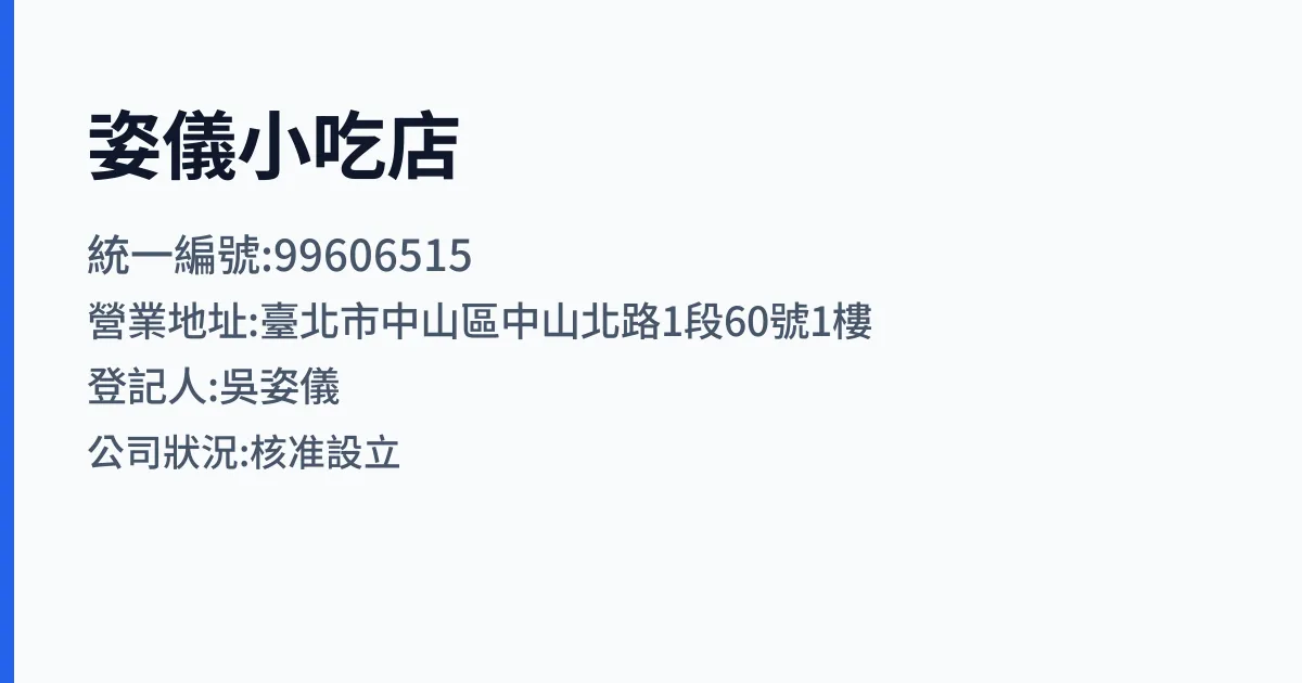 姿儀小吃店 - 統編 99606515(臺北市) 公司登記資料與營業項目詳細圖表
