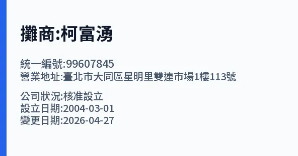 攤商:柯富湧的照片-統編 99607845(臺北市) 公司登記資料與營業項目詳細圖表