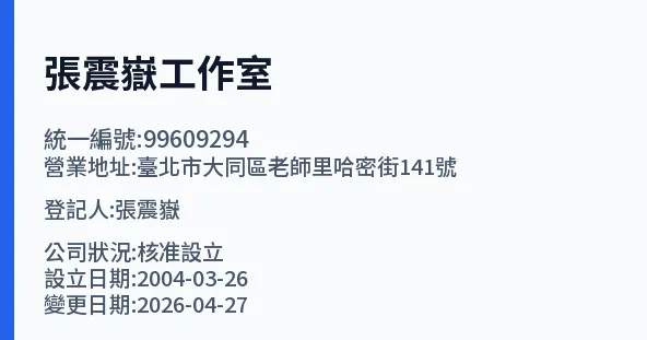 張震嶽工作室的照片-統編 99609294(臺北市) 公司登記資料與營業項目詳細圖表