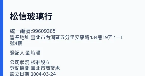松信玻璃行的照片-統編 99609365(臺北市) 公司登記資料與營業項目詳細圖表