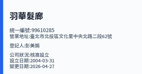 羽華髮廊的照片-統編 99610285(臺北市) 公司登記資料與營業項目詳細圖表