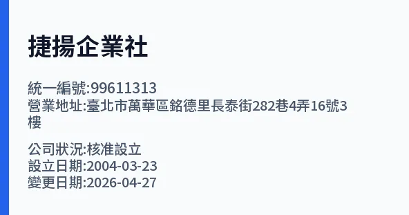 捷揚企業社的照片-統編 99611313(臺北市) 公司登記資料與營業項目詳細圖表