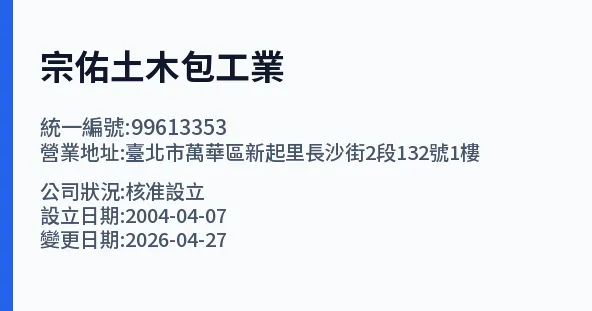 宗佑土木包工業的照片-統編 99613353(臺北市) 公司登記資料與營業項目詳細圖表