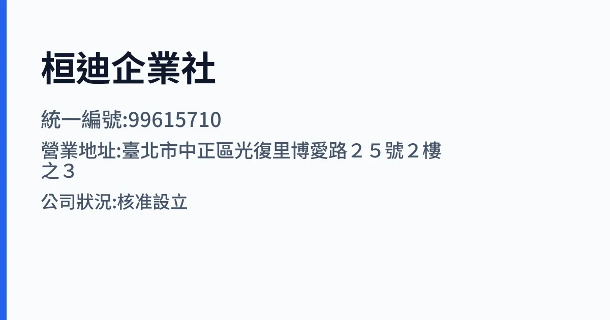 桓迪企業社 - 統編 99615710(臺北市) 公司登記資料與營業項目詳細圖表