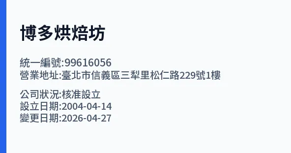 博多烘焙坊的照片-統編 99616056(臺北市) 公司登記資料與營業項目詳細圖表