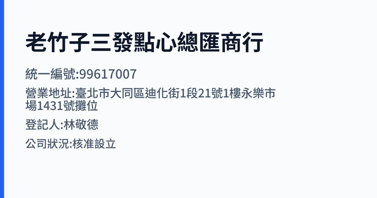老竹子三發點心總匯商行 - 統編 99617007(臺北市) 公司登記資料與營業項目詳細圖表