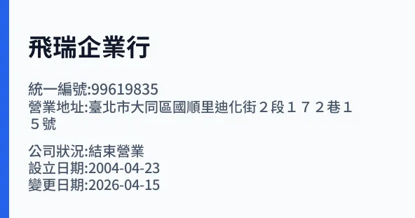飛瑞企業行的照片-統編 99619835(臺北市) 公司登記資料與營業項目詳細圖表